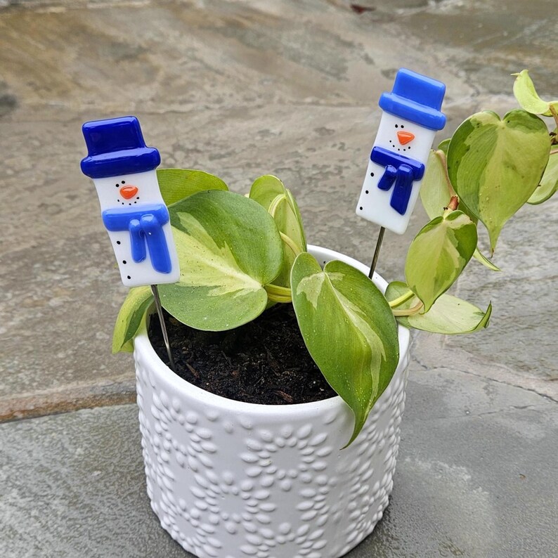 Fused Glass Snowmen Plant Stakes ~ Garden Posts ~ Winter Flower Sticks ...