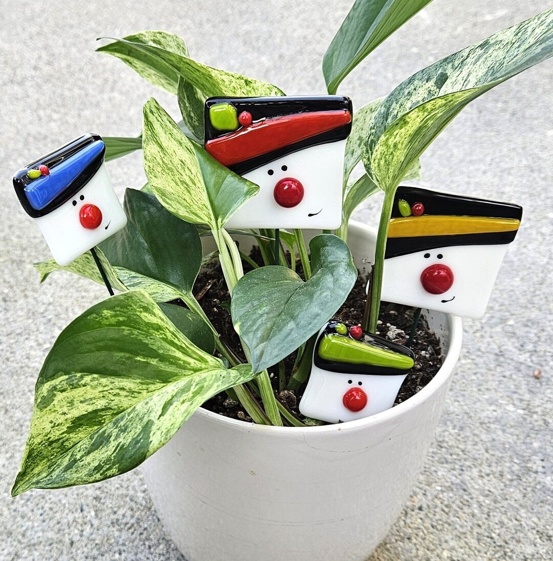 Whimsical Snowman Plant Stakes Set of 2 Flower Post Fused Glass FREE ...