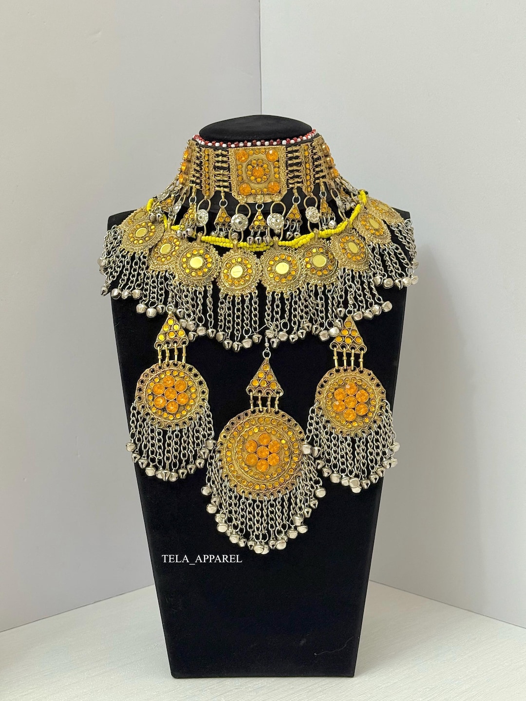 Yellow Afghan Jewellery Set Afghani Tribal Headpiece Earrings Handmade ...