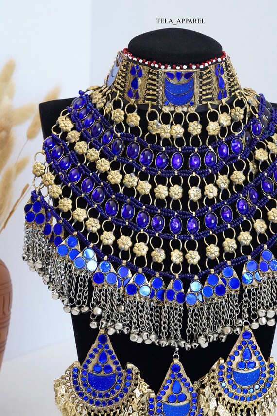 Blue Afghan Full Jewellery Set Afghani Jewelry Set Afghan Choker Necklace Headpiece Earrings Kuchi Jewelry Afghan Jewelry Set Afghan Earring Etsy Israel