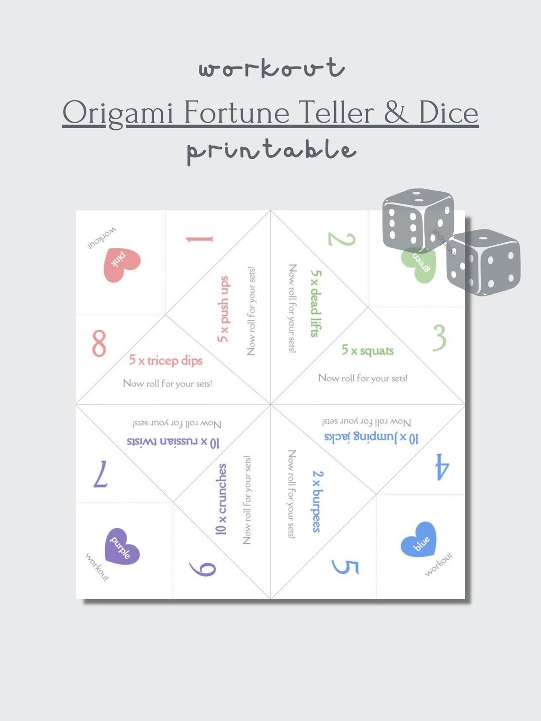 Workout Paper Origami Fortune Teller & Dice Printable - Etsy