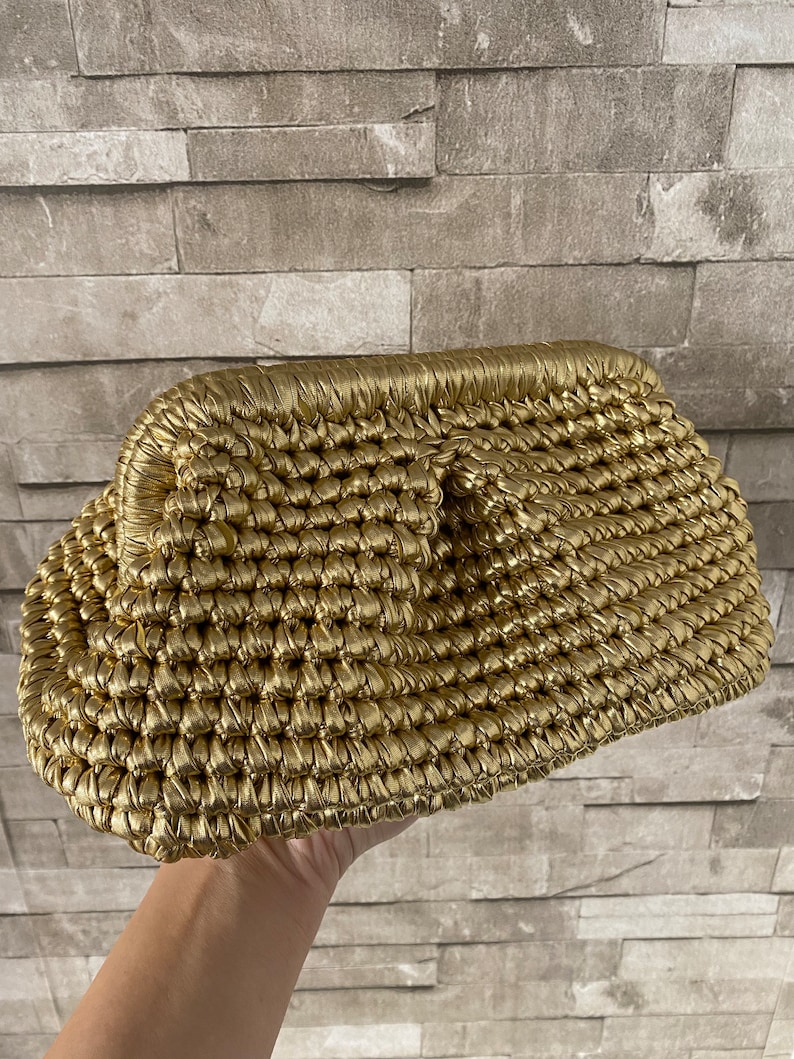 Metallic Raffia Bag, Gold Raffia Clutch, Evening Pouch Bag, Crochet ...