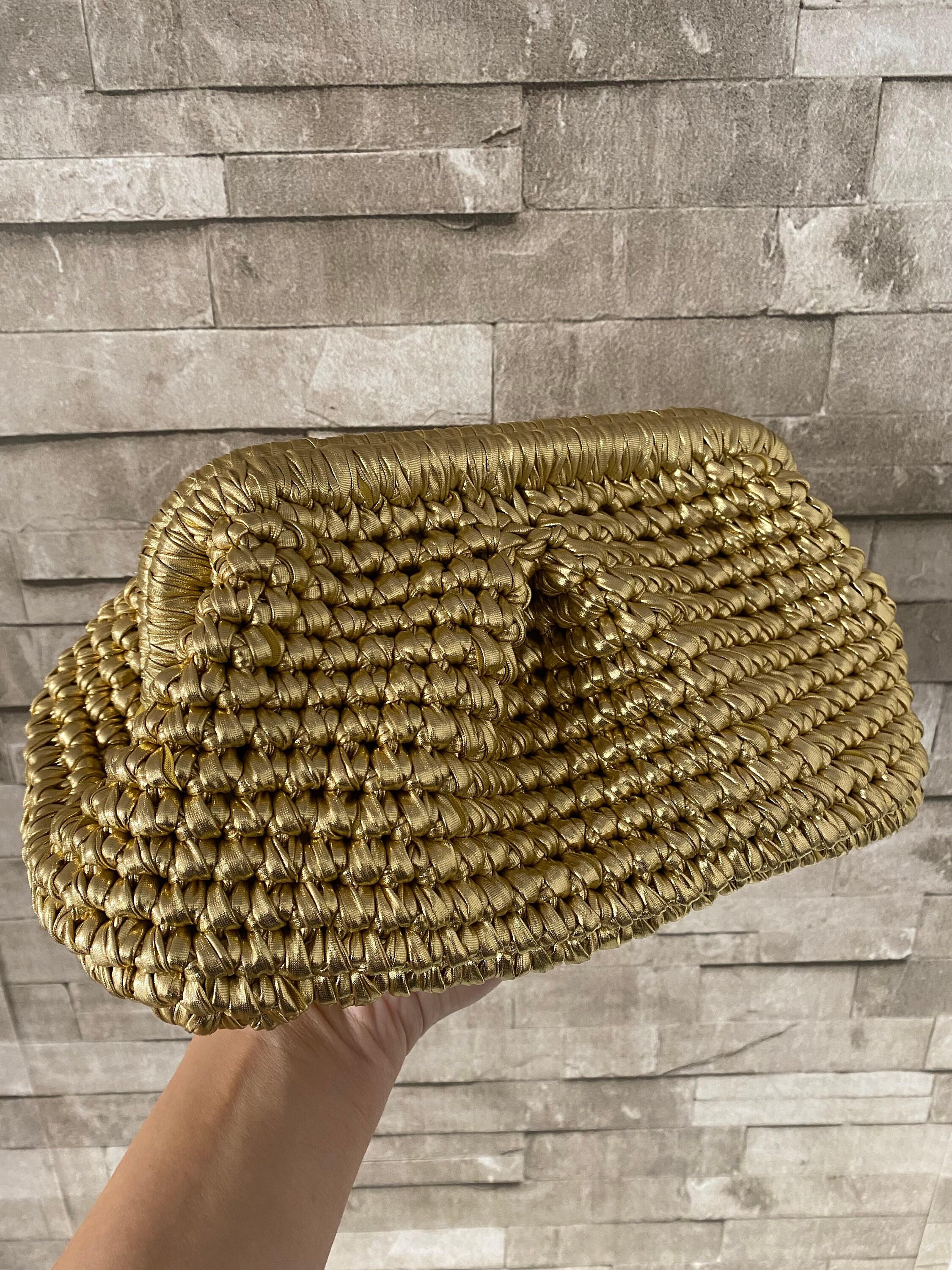 Metallic Raffia Bag, Gold Raffia Clutch, Evening Pouch Bag, Crochet ...