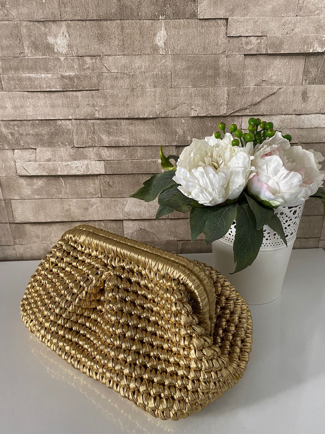 Metallic Raffia Bag, Gold Raffia Clutch, Evening Pouch Bag, Crochet ...