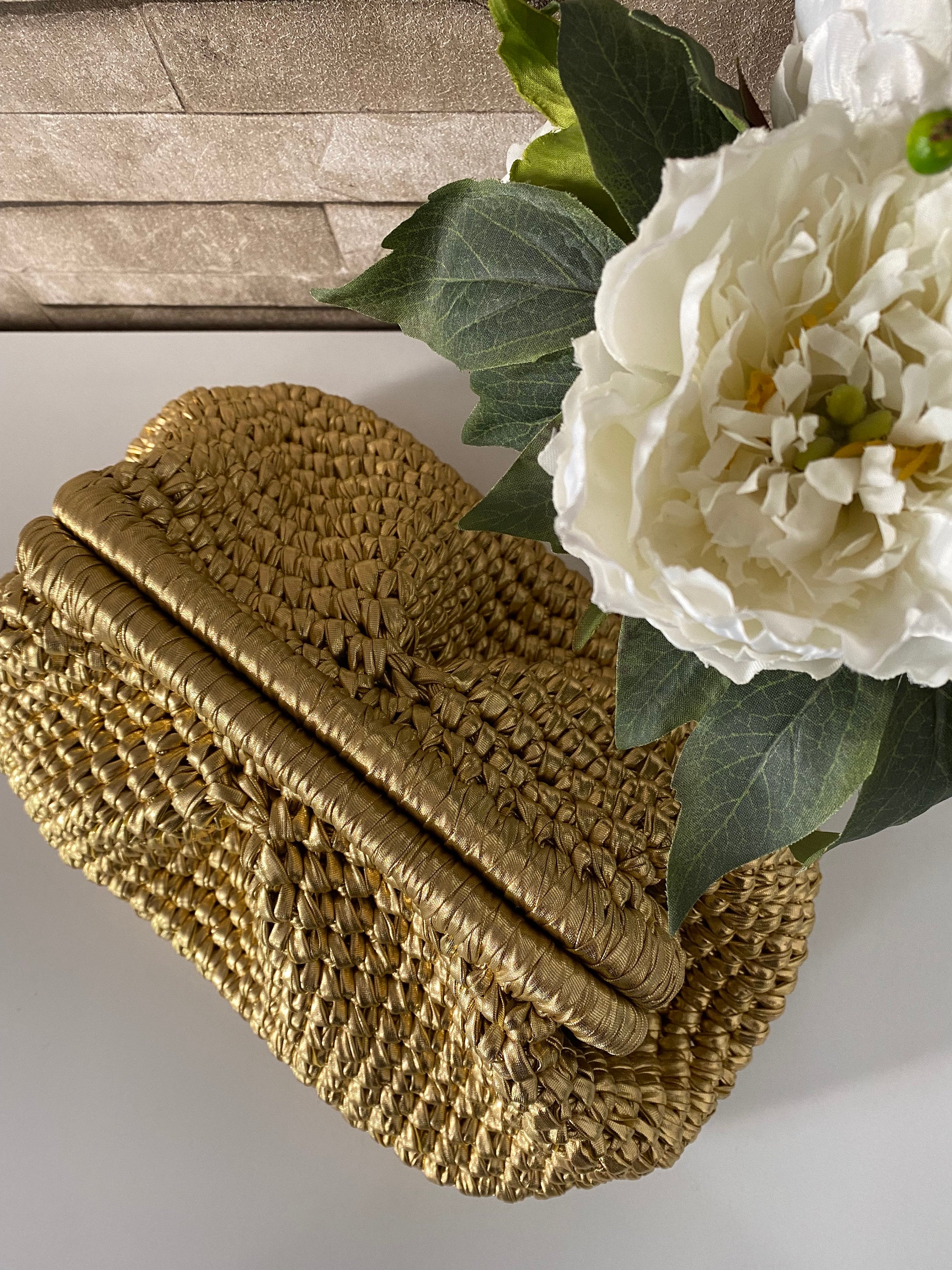 Metallic Raffia Bag, Gold Raffia Clutch, Evening Pouch Bag, Crochet ...