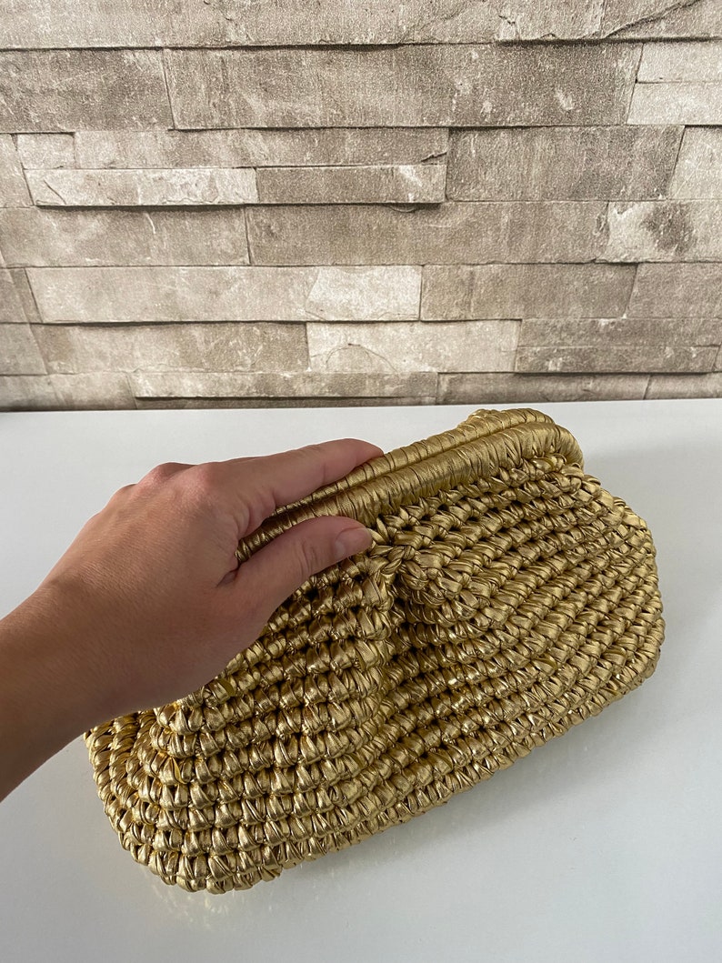 Metallic Raffia Bag, Gold Raffia Clutch, Evening Pouch Bag, Crochet ...