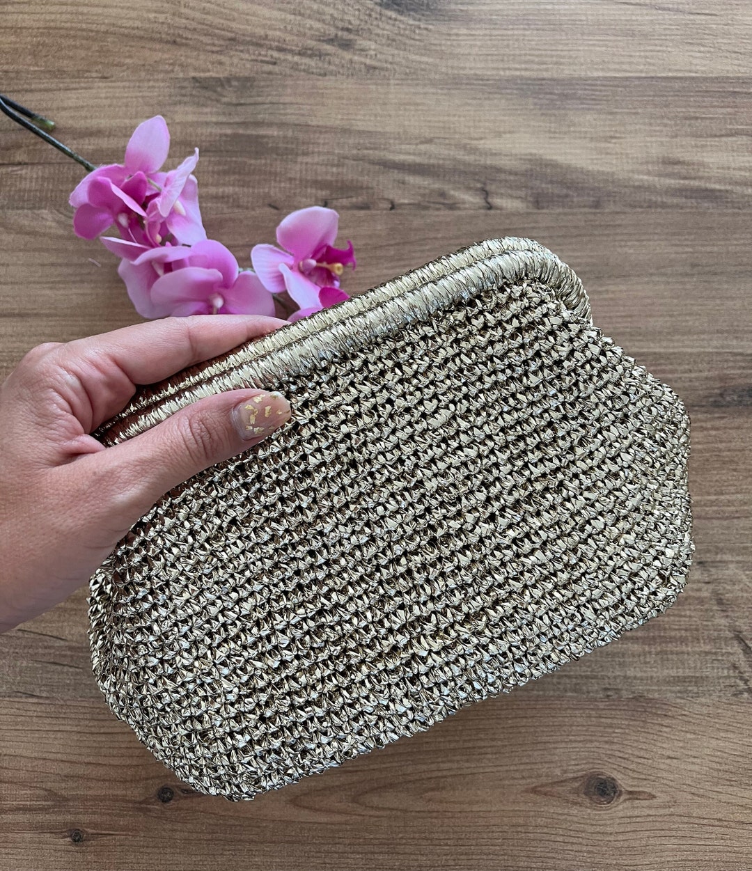 Metallic Gold Raffia Clutch Bag | Crochet Evening Pouch Bag | Event ...