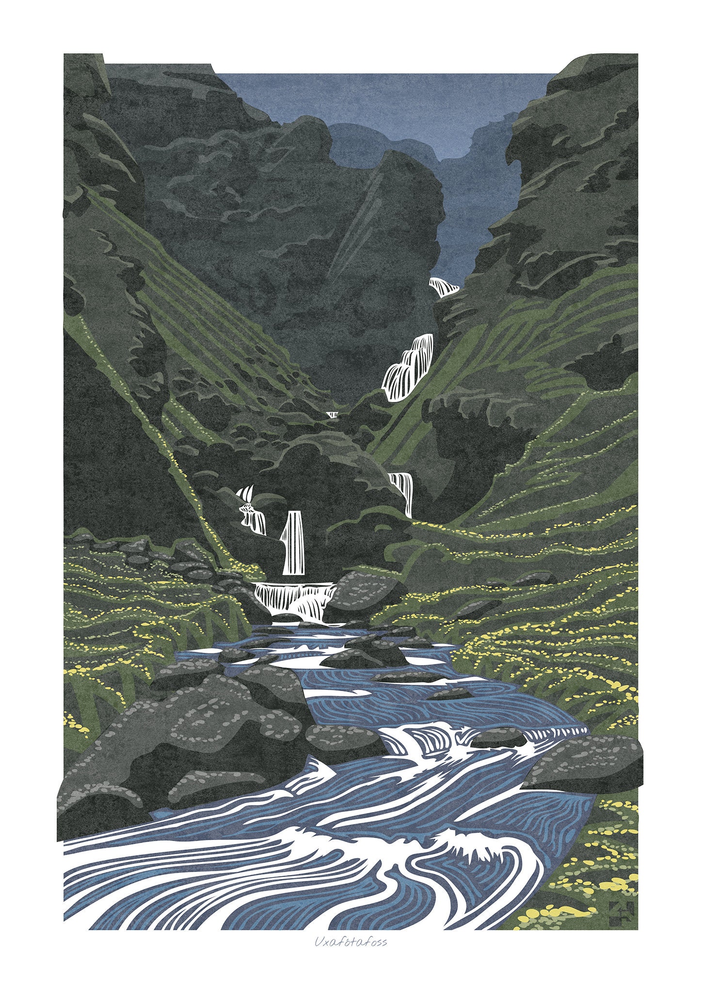 Iceland Uxafótafoss Waterfall Landscape Wall Art Print Travel Poster ...