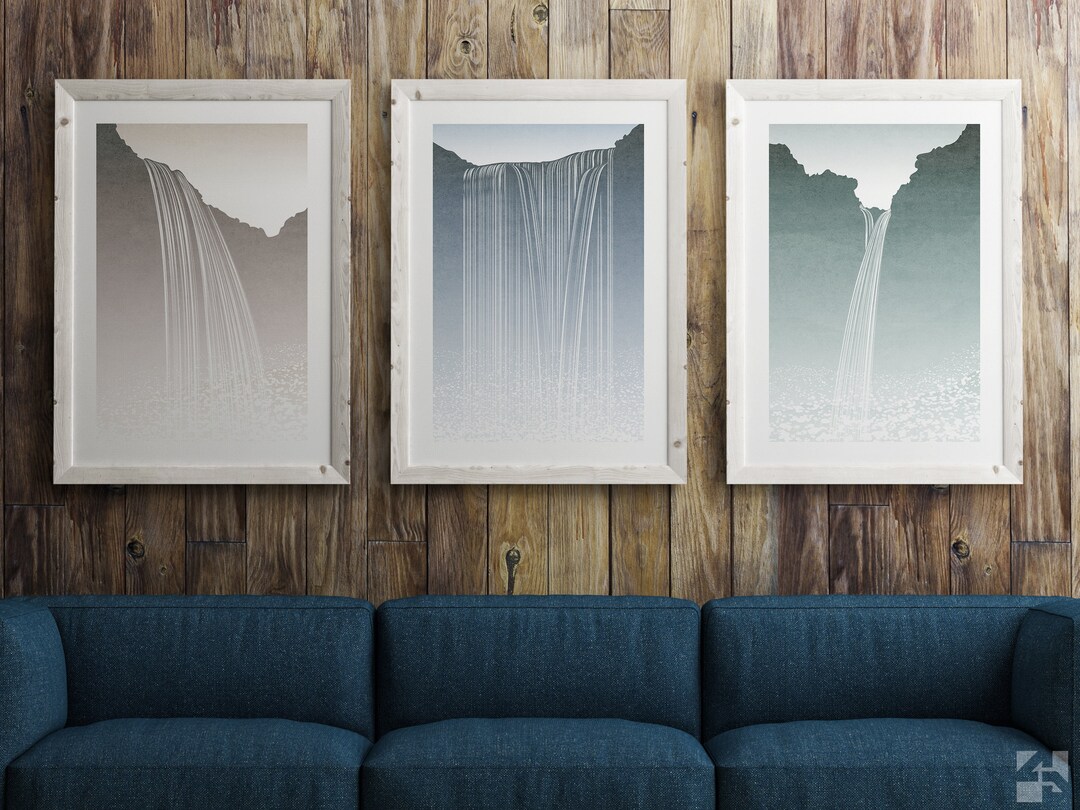 Set of 3 Minimalist Waterfall Prints, Iceland Waterfalls, Landscape Art ...