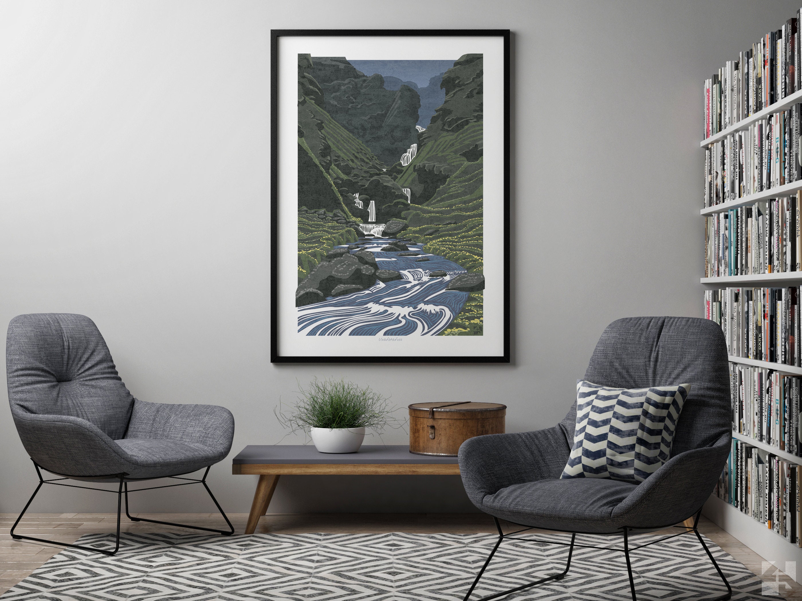 Iceland Uxafótafoss Waterfall Landscape Wall Art Print Travel Poster ...