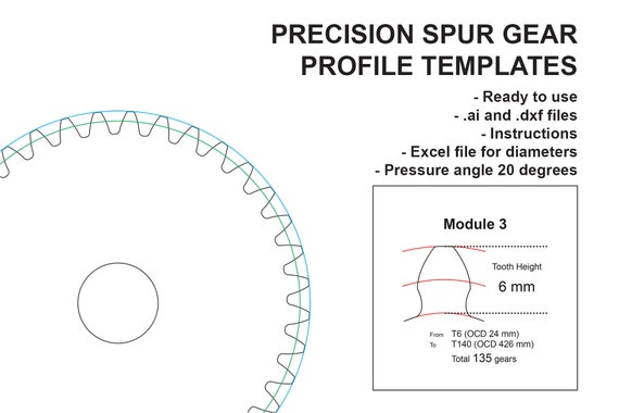 MODULE 3 Precision Spur Gear Profile Templates .ai & .dxf - Etsy