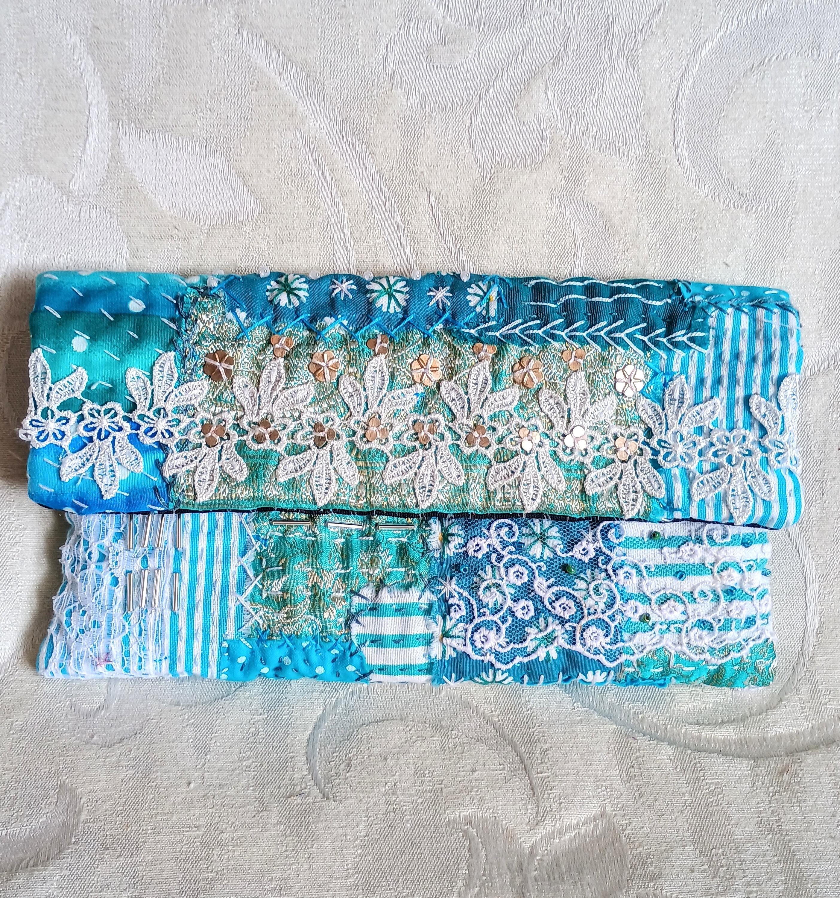 Hand Embroidered Upcycled Pouch: Blue Patchwork Sequin Clutch, Mother's ...