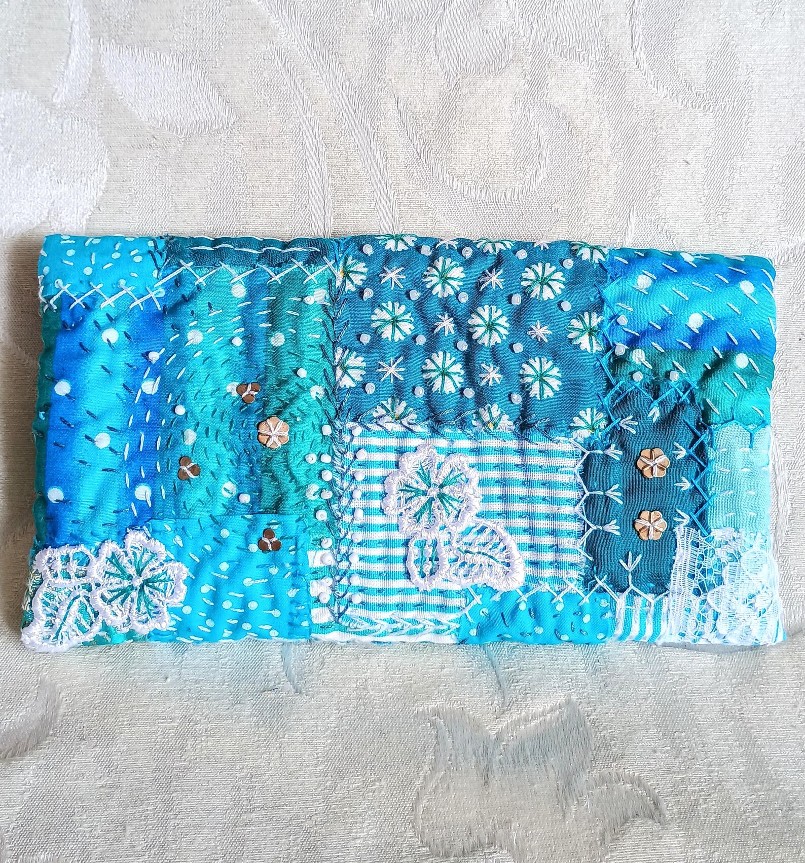 Hand Embroidered Upcycled Pouch: Blue Patchwork Sequin Clutch, Mother's ...