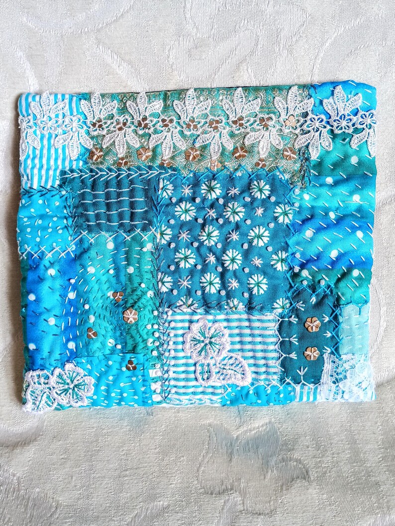 Hand Embroidered Upcycled Pouch: Blue Patchwork Sequin Clutch, Mother's ...