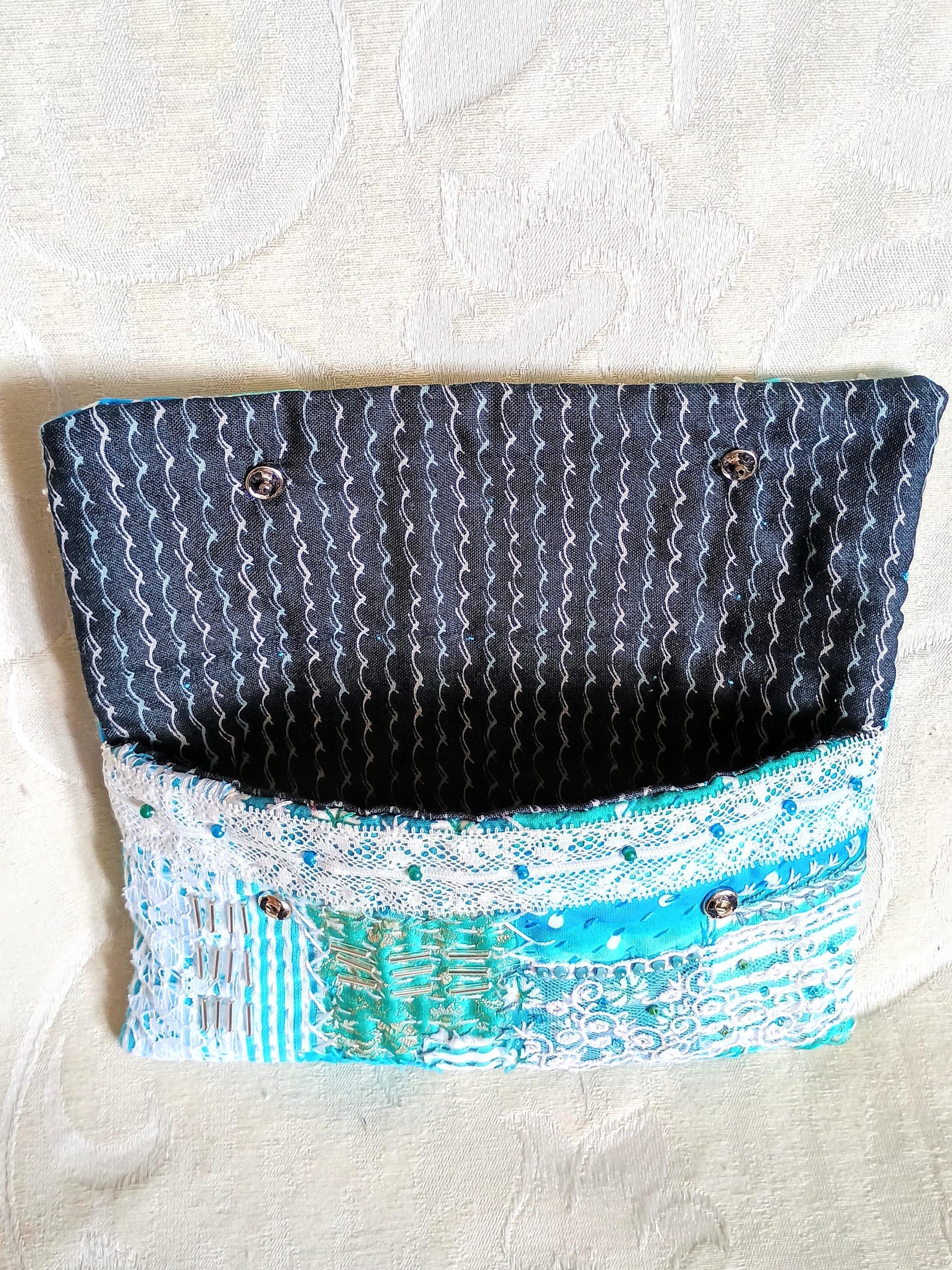 Hand Embroidered Upcycled Pouch: Blue Patchwork Sequin Clutch, Mother's ...