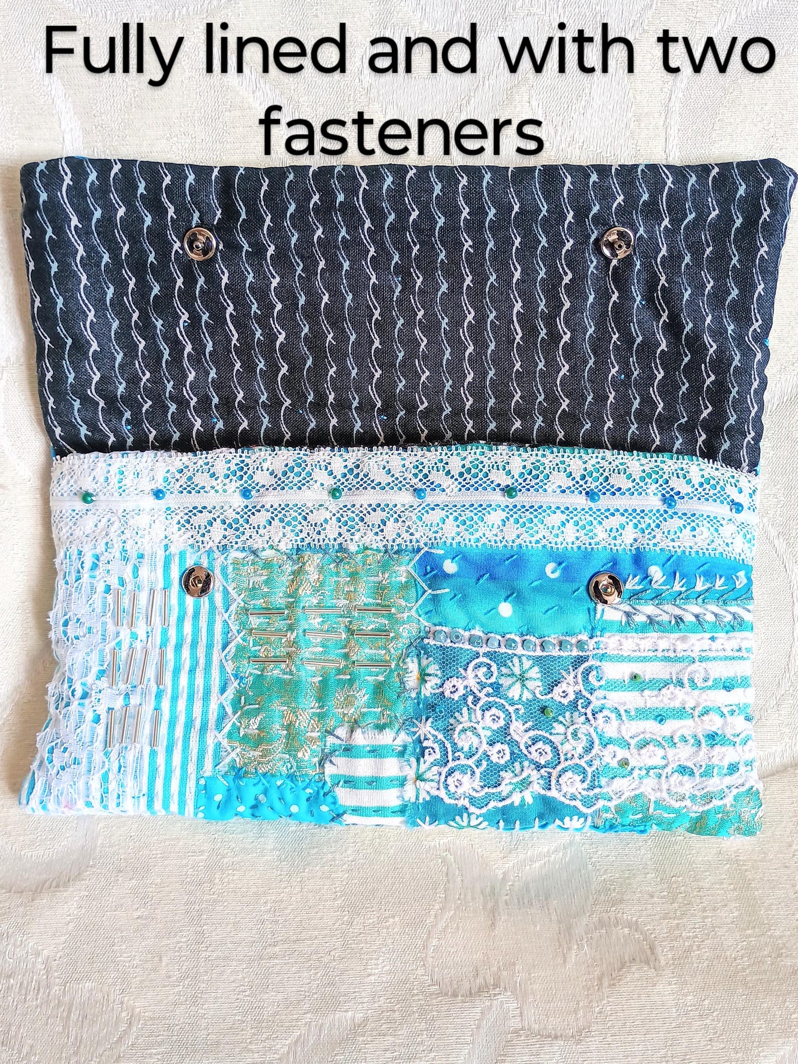 Hand Embroidered Upcycled Pouch: Blue Patchwork Sequin Clutch, Mother's ...