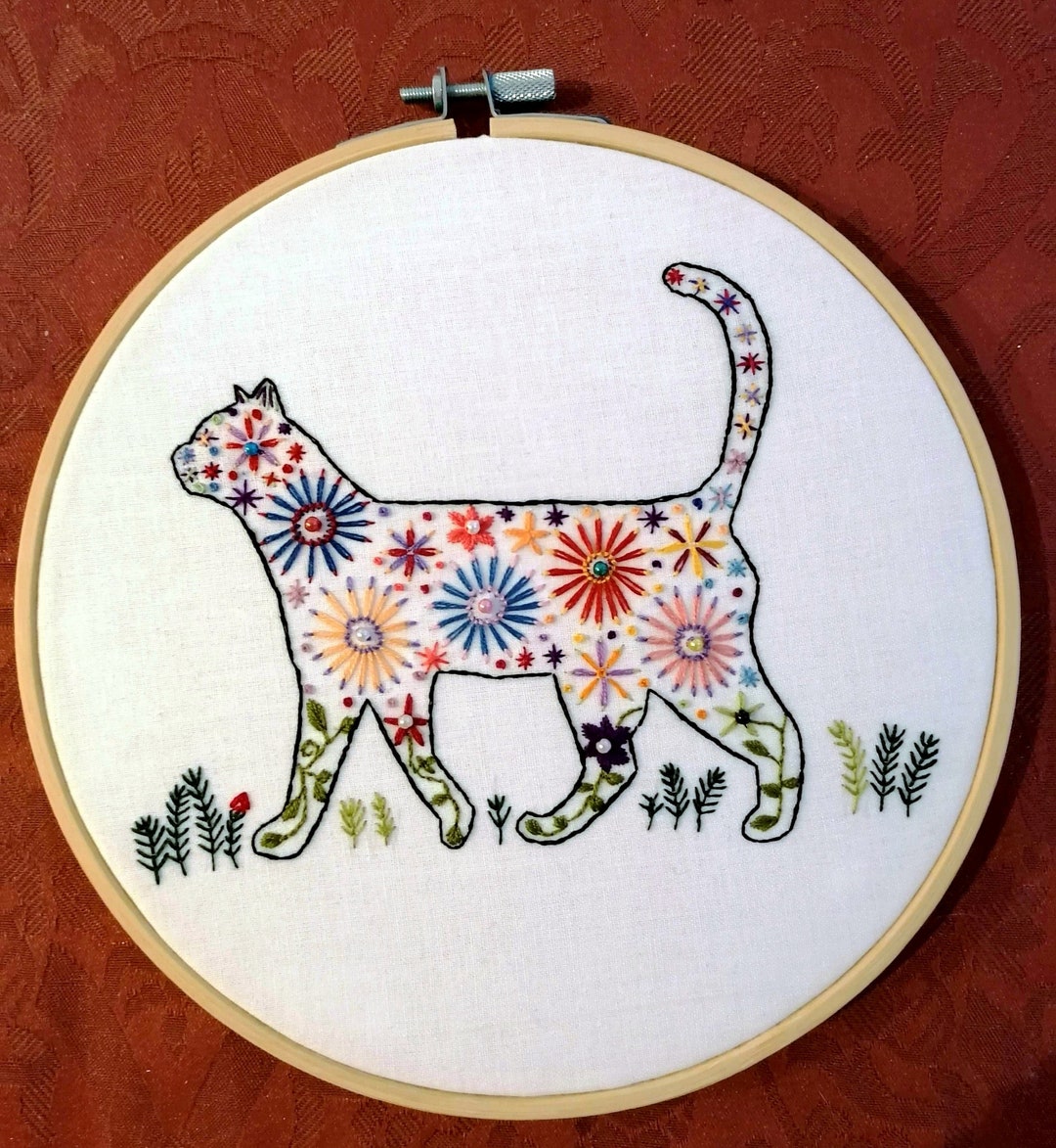 Hand Embroidered Cat Textile Stitched Wall Hanging, Textile Art for ...