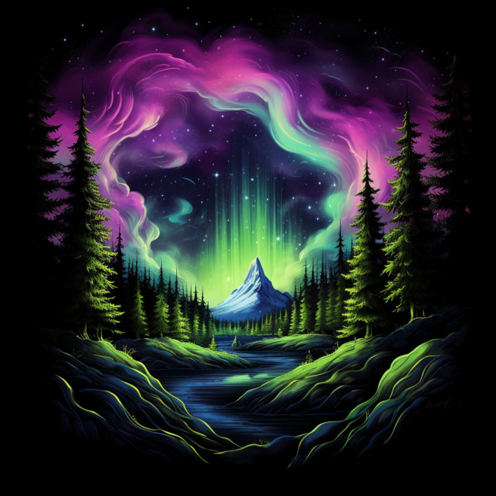 Neon Aurora Borealis, Bundle of 5 PNG Files for Wall Art, Digital ...