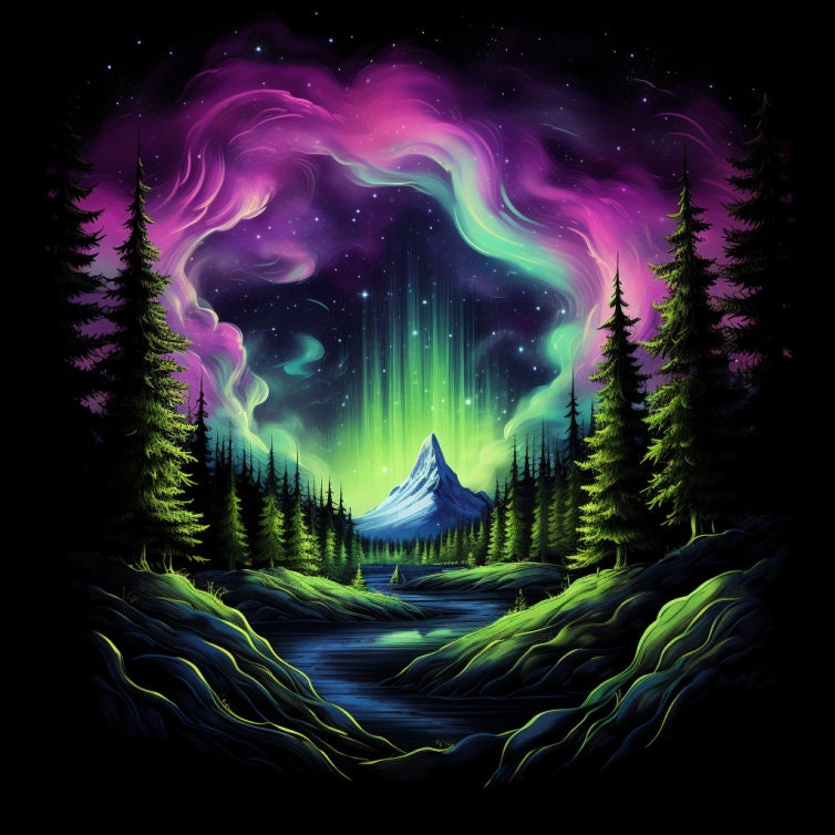 Neon Aurora Borealis, Bundle of 5 PNG Files for Wall Art, Digital ...