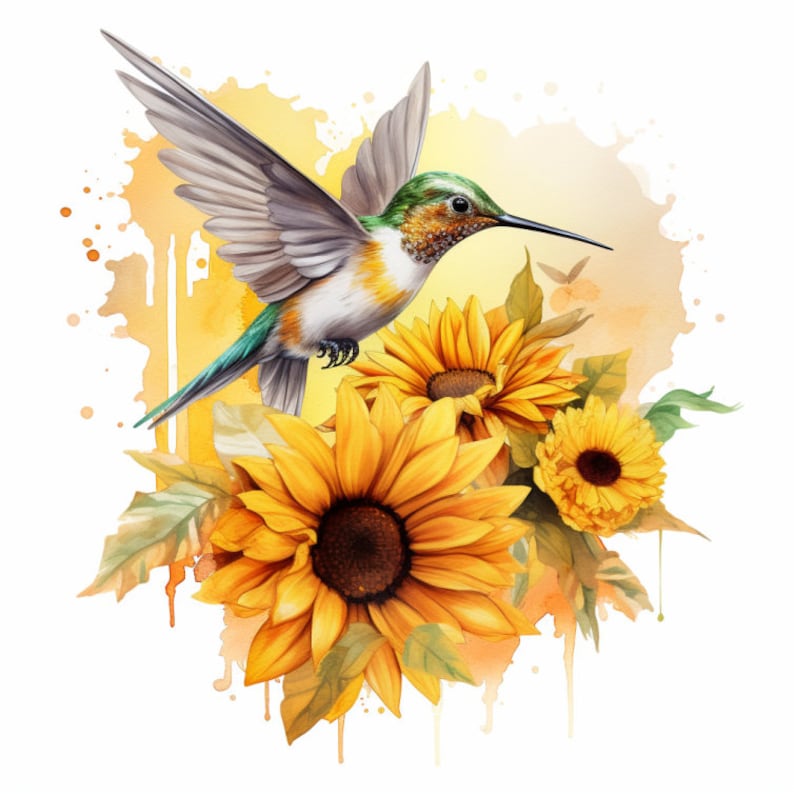 Watercolor Elegant Hummingbird and Sunflowers, Bundle of 5 PNG Files ...