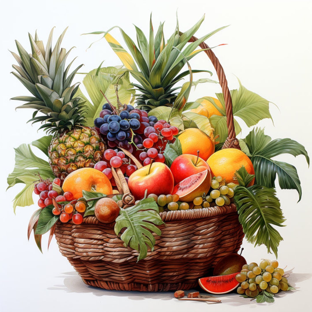 Vibrant Tropical Fruit Basket, Watercolor, Bundle of 5 PNG Files for ...