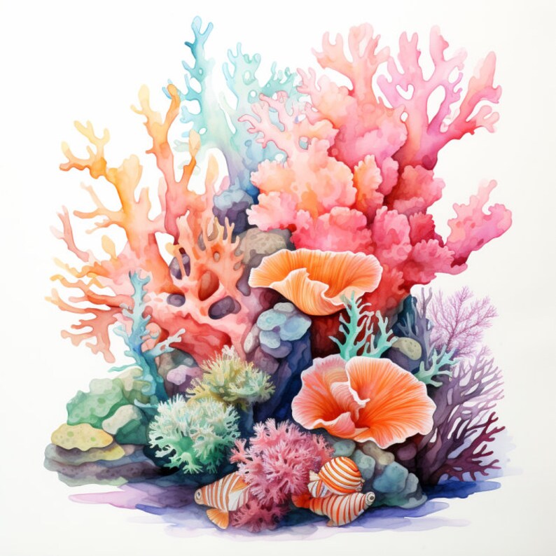 Lively Underwater Coral, Watercolor, Bundle of 5 PNG Files for Wall Art ...