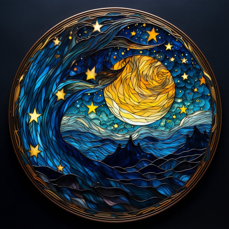 Starry Night Stained Glass, Bundle of 5 PNG Files for Wall Art, Digital ...