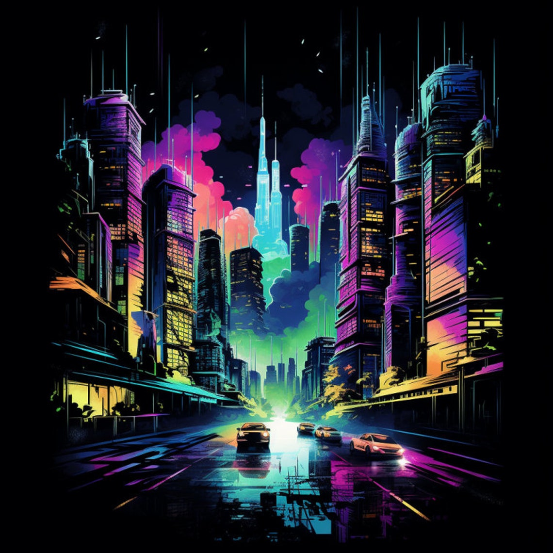 Neon Fluorescent Cityscape, Bundle of 5 PNG Files for Wall Art, Digital Prints, T-shirt Designs ...