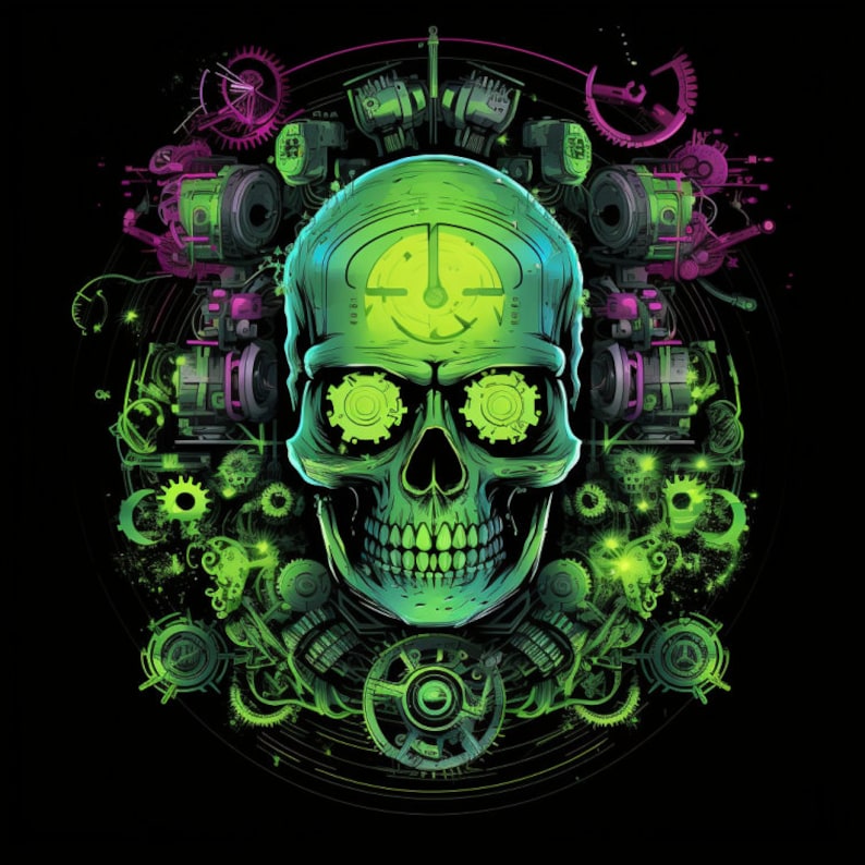 Neon Techno Skull, Bundle of 5 PNG Files for Wall Art, Digital Prints ...
