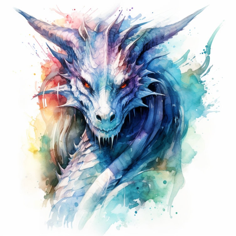 Watercolor Charming Dragon, Bundle of 5 PNG Files for Wall Art, Digital ...