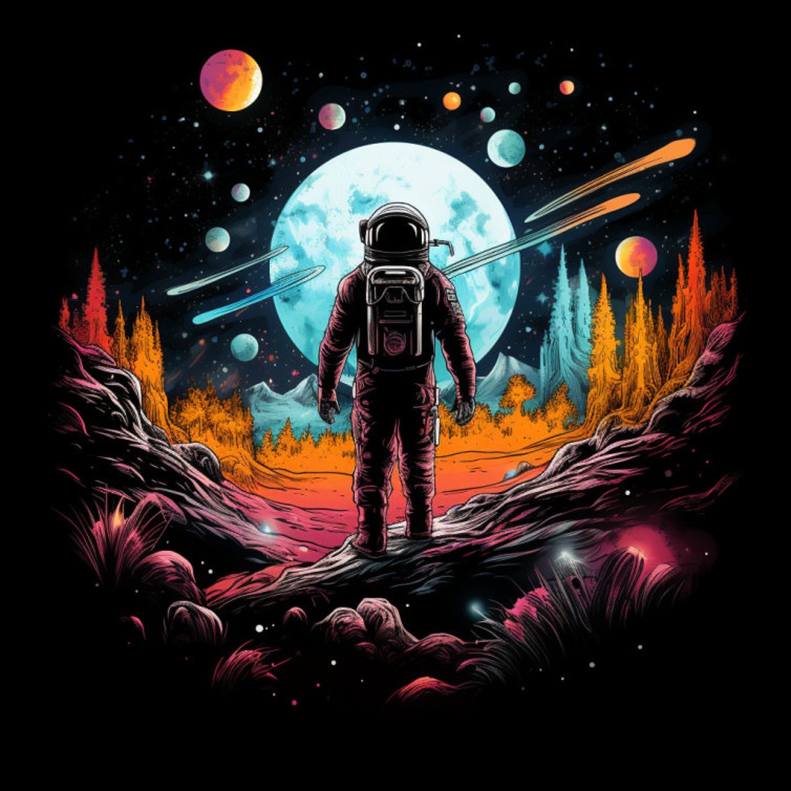 Neon Galactic Exploration, Bundle of 5 PNG Files for Wall Art, Digital ...