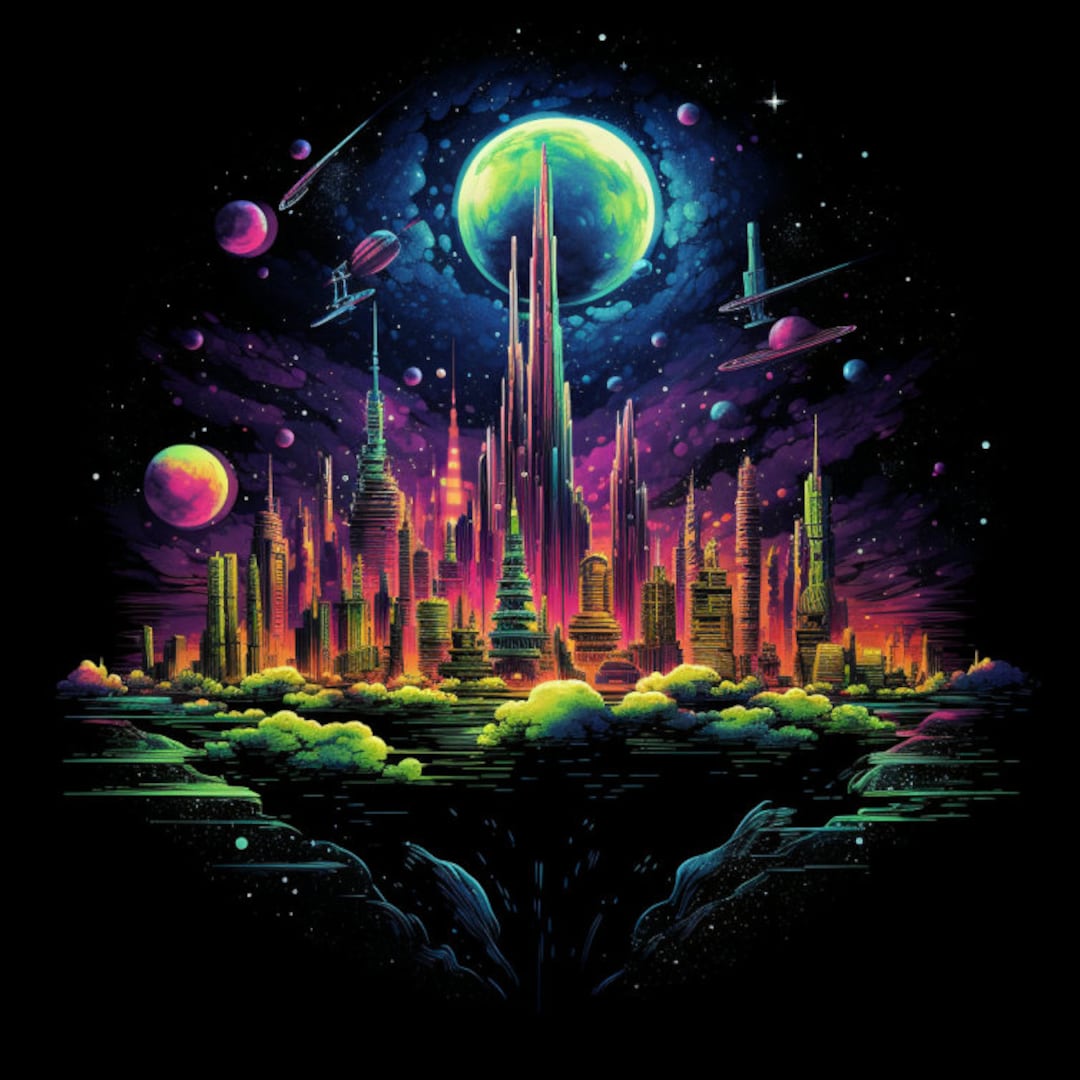 Neon Galactic Skyline, Bundle of 5 PNG Files for Wall Art, Digital Prints, T-shirt Designs, and ...