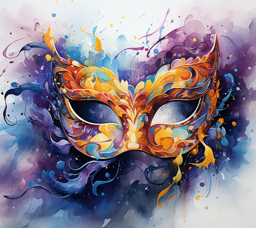 Mardi Gras Mask, Watercolor, Bundle of 5 PNG Files, Wall Art, Digital ...