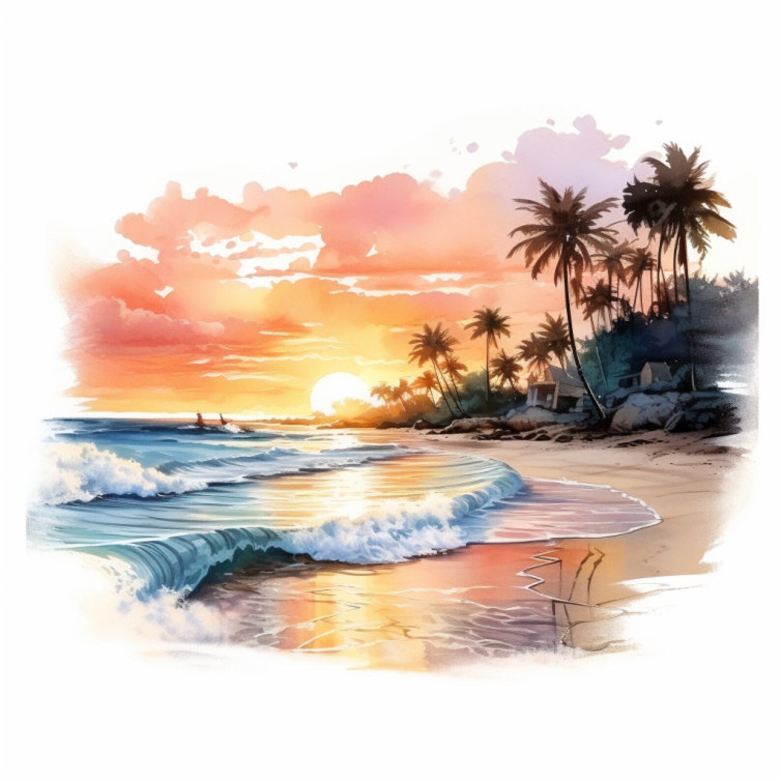 Radiant Beach Sunset, Watercolor, Bundle of 5 PNG Files for Wall Art ...