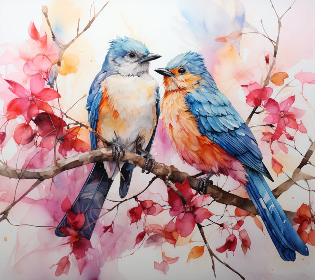 Ethereal Birds in the Fall, Bundle of 5 Watercolor PNG Files for Wall ...