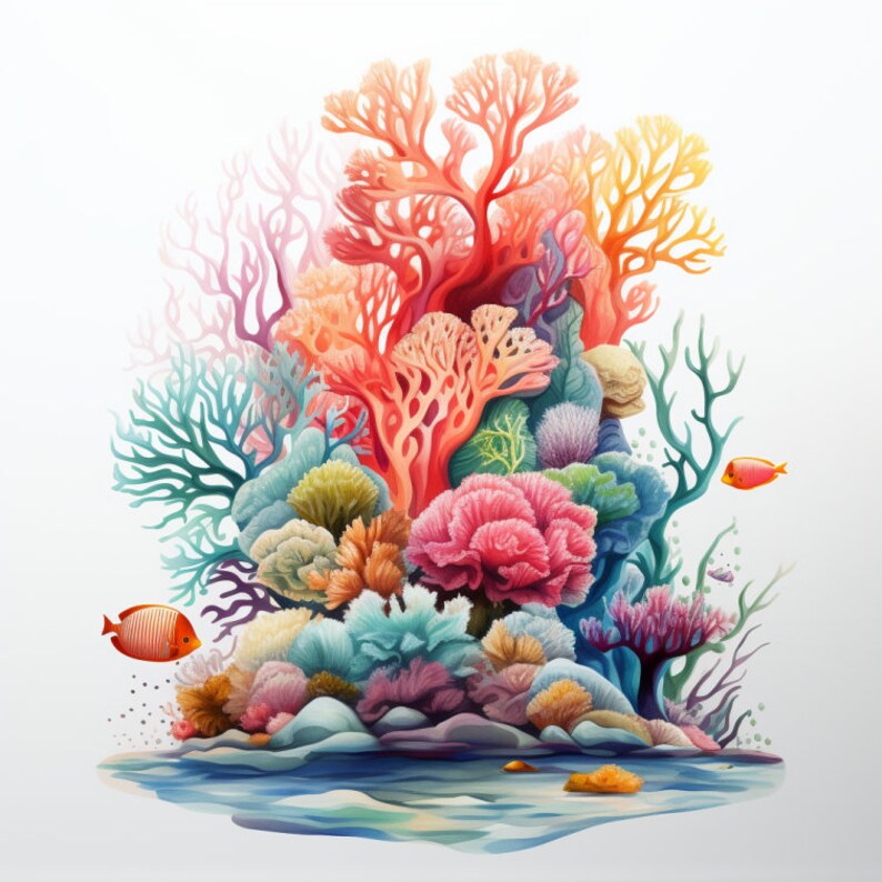 Lively Underwater Coral, Watercolor, Bundle of 5 PNG Files for Wall Art ...