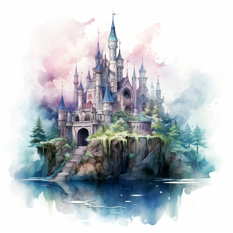 Enchanted Castle, Watercolor, Bundle of 5 PNG Files for Wall Art ...