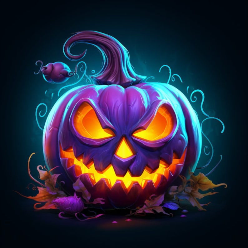 Neon Teal Halloween Pumpkin, Bundle of 5 PNG Files for Wall Art ...