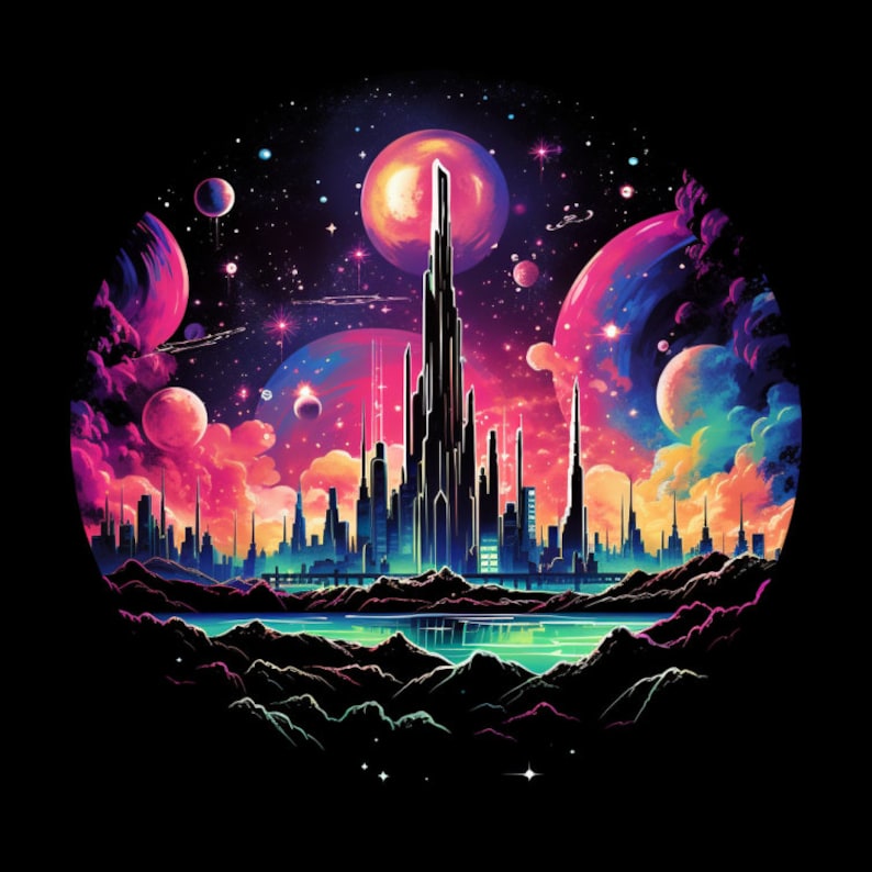 Neon Galactic Skyline, Bundle of 5 PNG Files for Wall Art, Digital ...