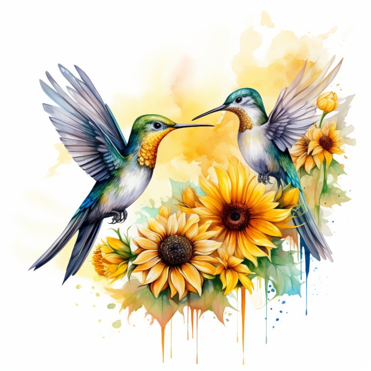 Graceful Hummingbirds and Sunflowers, Watercolor, Bundle of 5 PNG Files ...