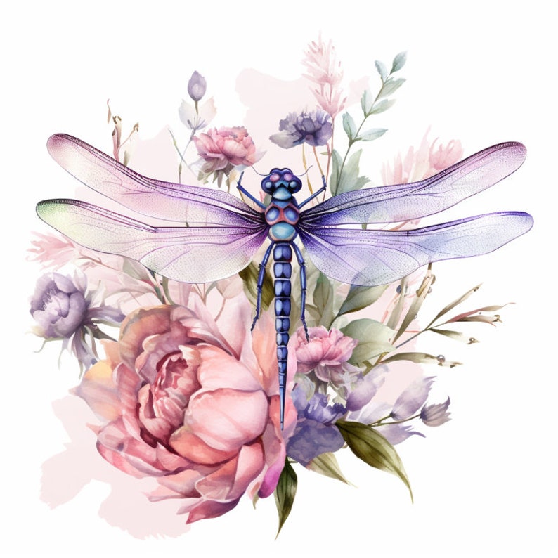 Watercolor Elegant Dragonfly and Flowers, Bundle of 5 PNG Files for ...