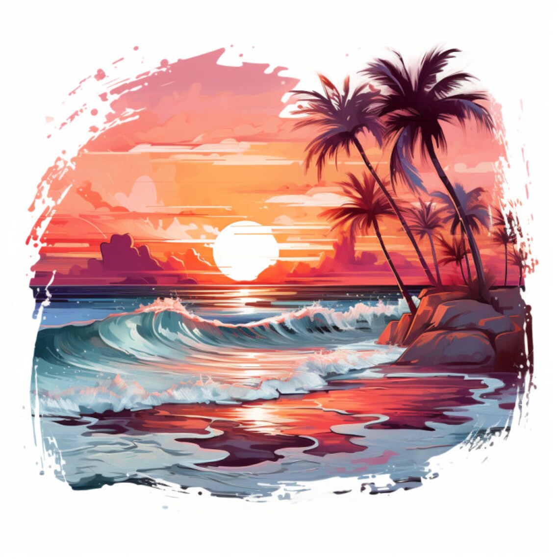 Radiant Beach Sunset, Watercolor, Bundle of 5 PNG Files for Wall Art ...