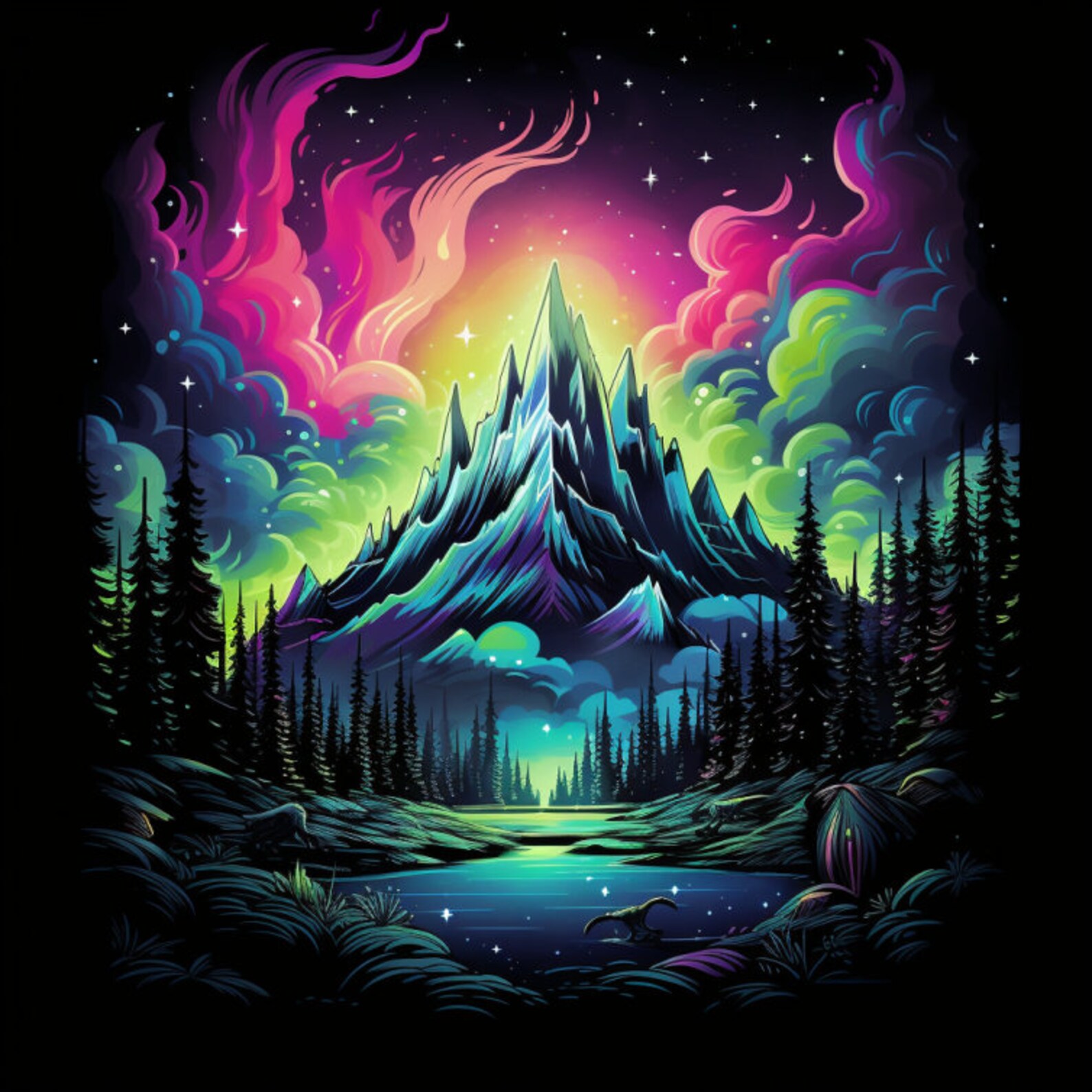 Neon Aurora Borealis, Bundle of 5 PNG Files for Wall Art, Digital ...