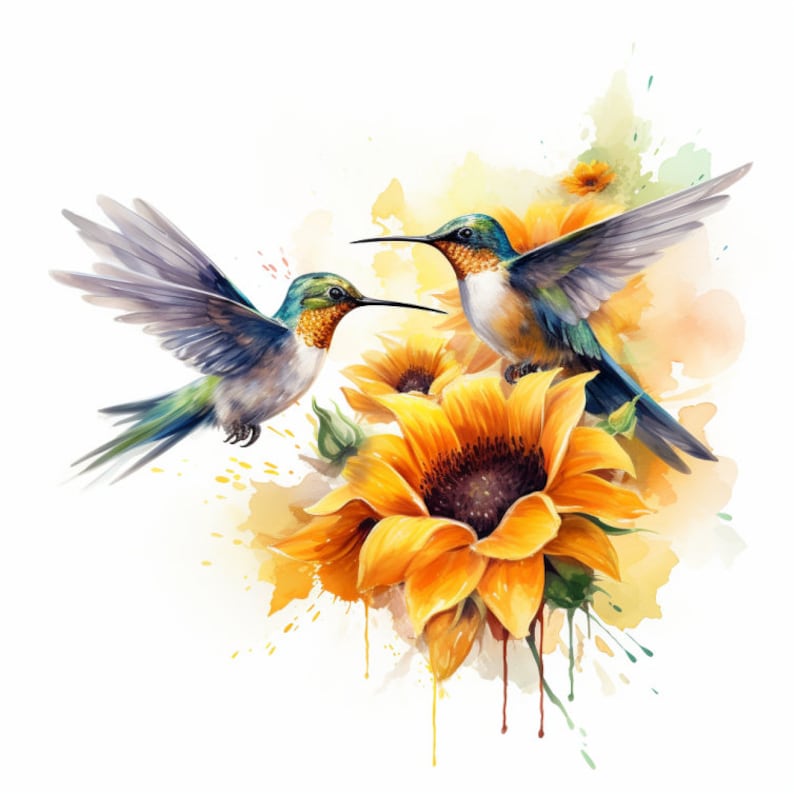 Graceful Hummingbirds and Sunflowers, Watercolor, Bundle of 5 PNG Files ...