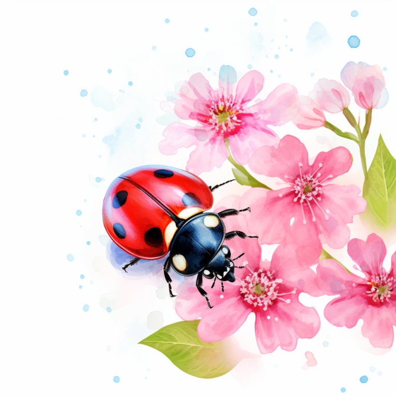 Watercolor Cute Ladybug and Pink Flowers, Bundle of 5 PNG Files for ...