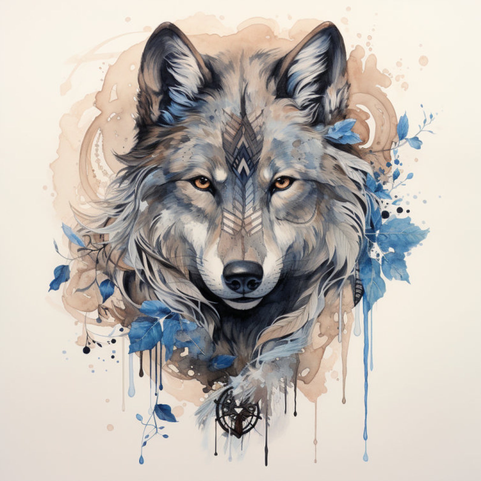 Watercolor Gray Wolf and Tattoo Motifs, Bundle of 5 PNG Files for Wall ...