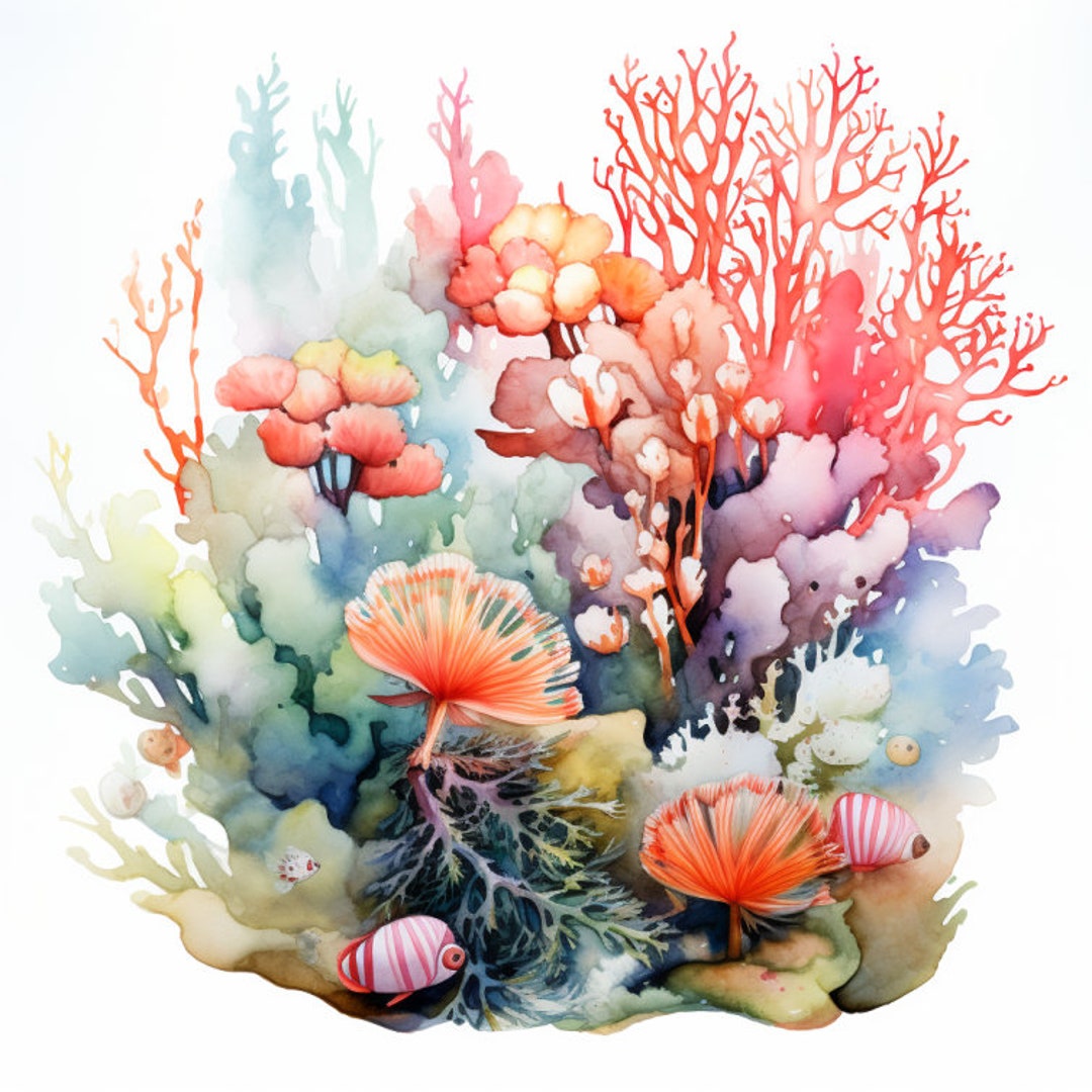 Lively Underwater Coral, Watercolor, Bundle of 5 PNG Files for Wall Art ...