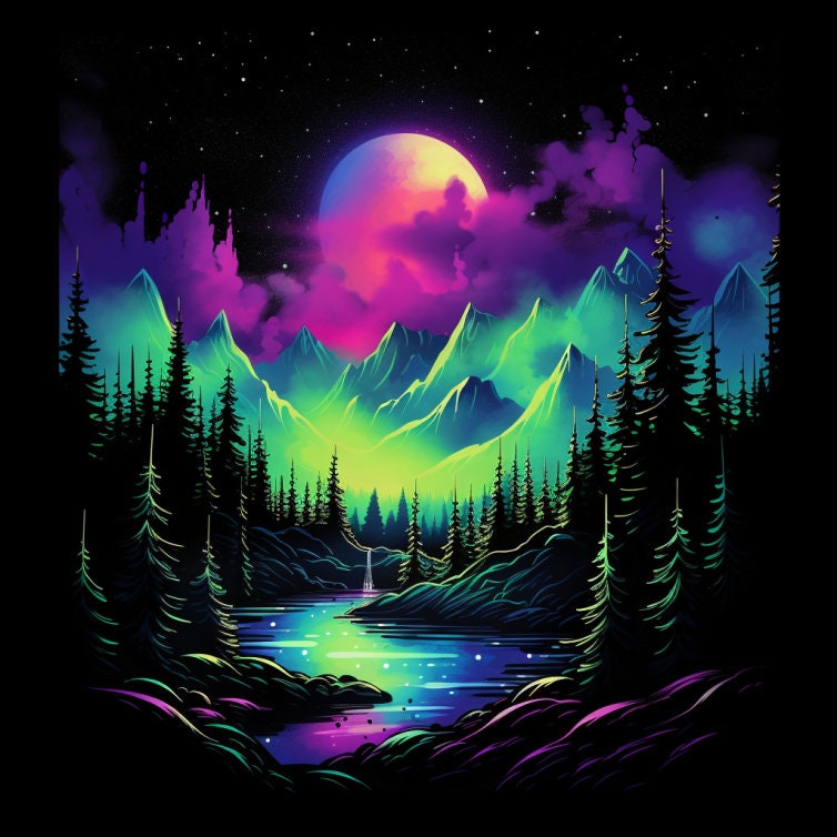 Neon Aurora Borealis, Bundle of 5 PNG Files for Wall Art, Digital ...