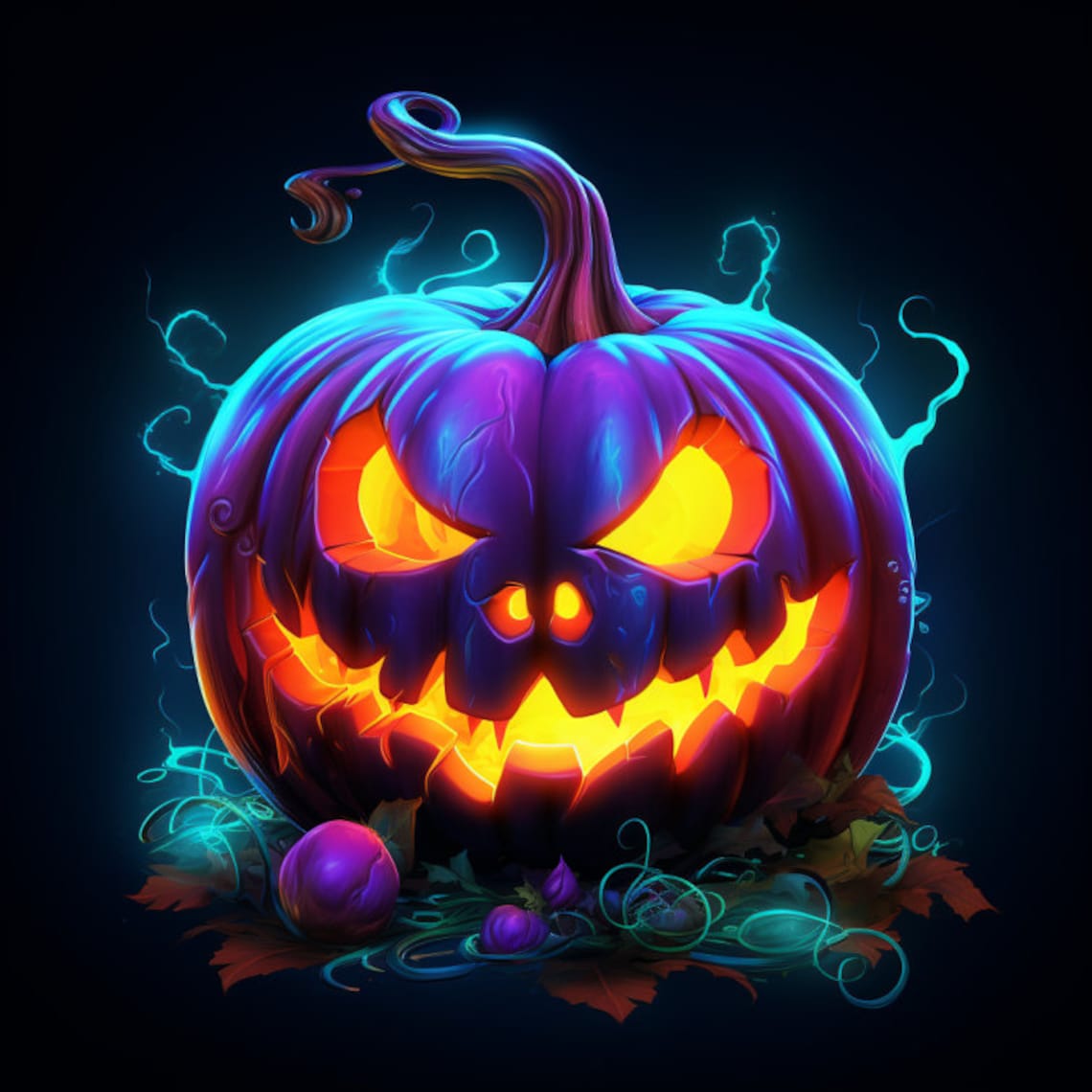 Neon Teal Halloween Pumpkin, Bundle of 5 PNG Files for Wall Art ...