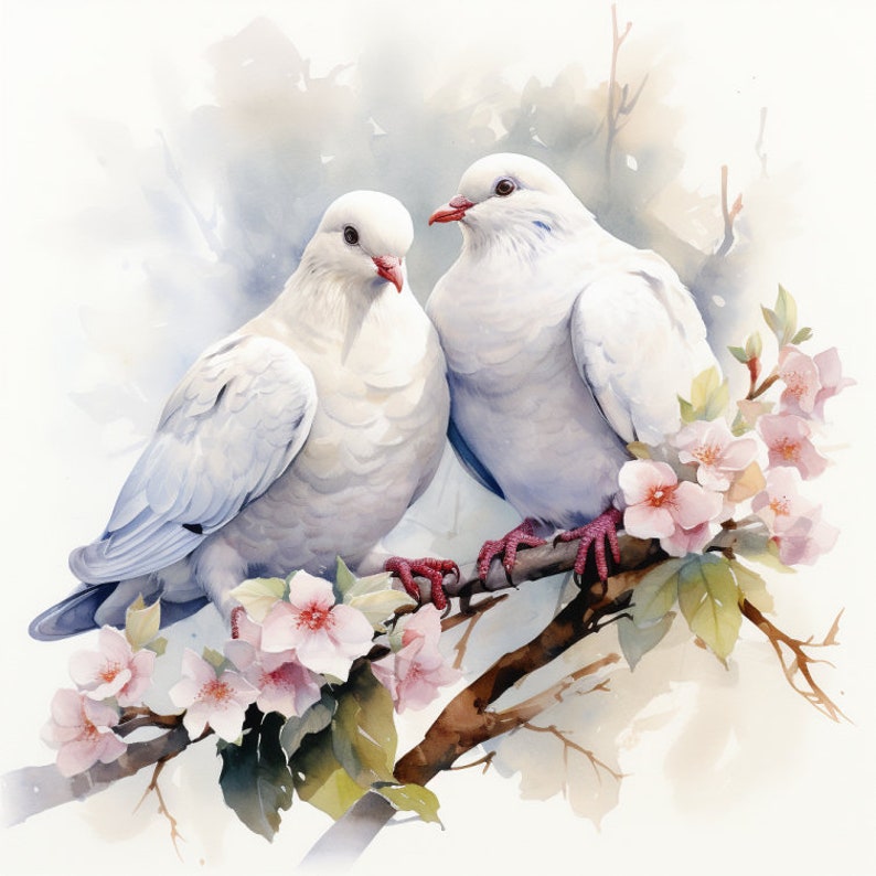Lovely Wedding White Doves, Bundle of 5 Watercolor PNG Files for Wall ...
